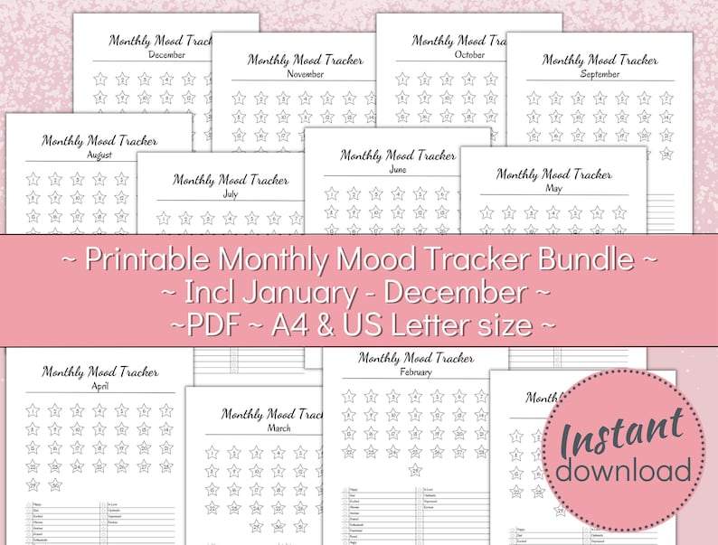 Mood Tracker Printable Bundle, Monthly Emotions Record, Wellness ...