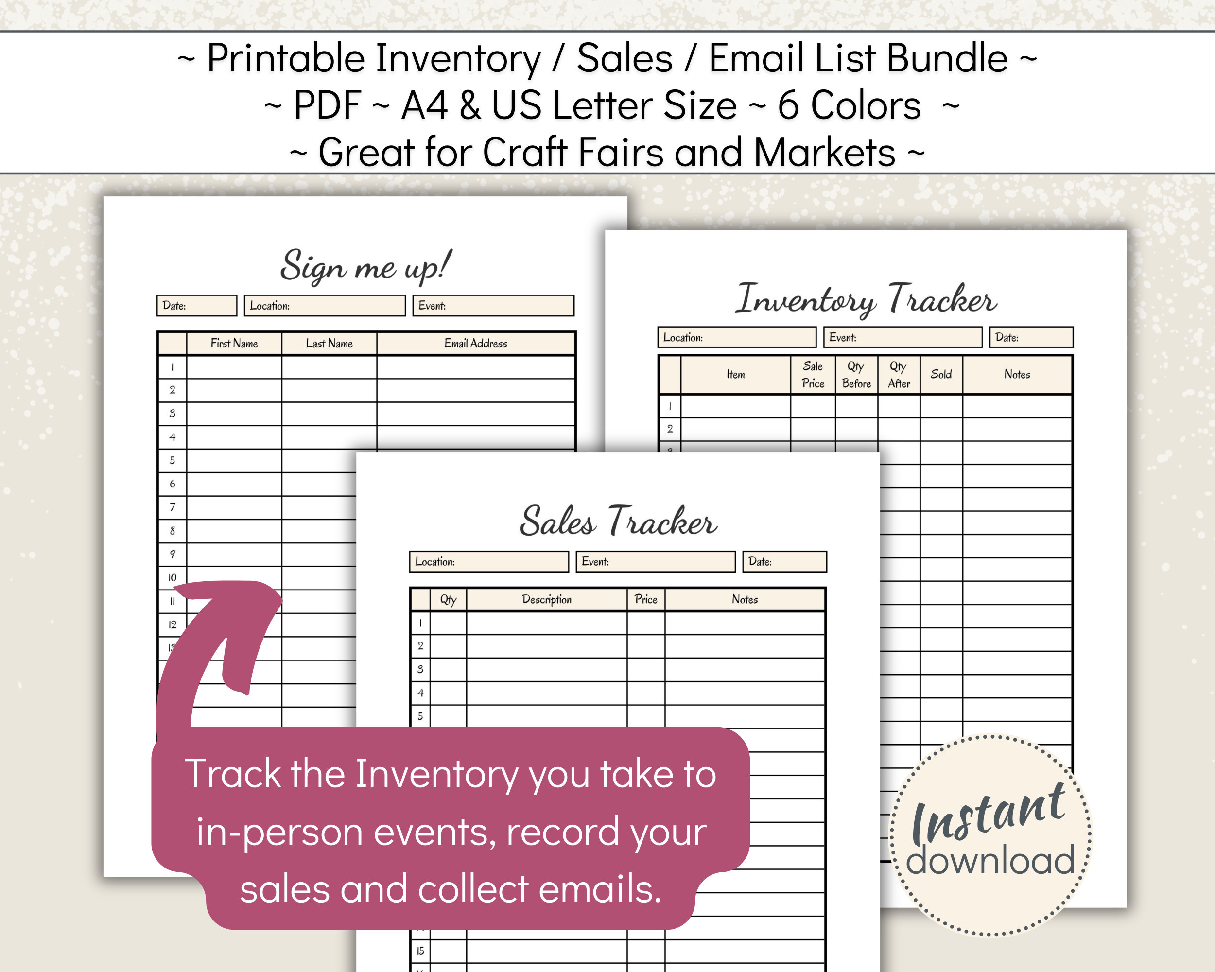 Printable Inventory and Sales Tracker + Email Sign up Form Bundle ...