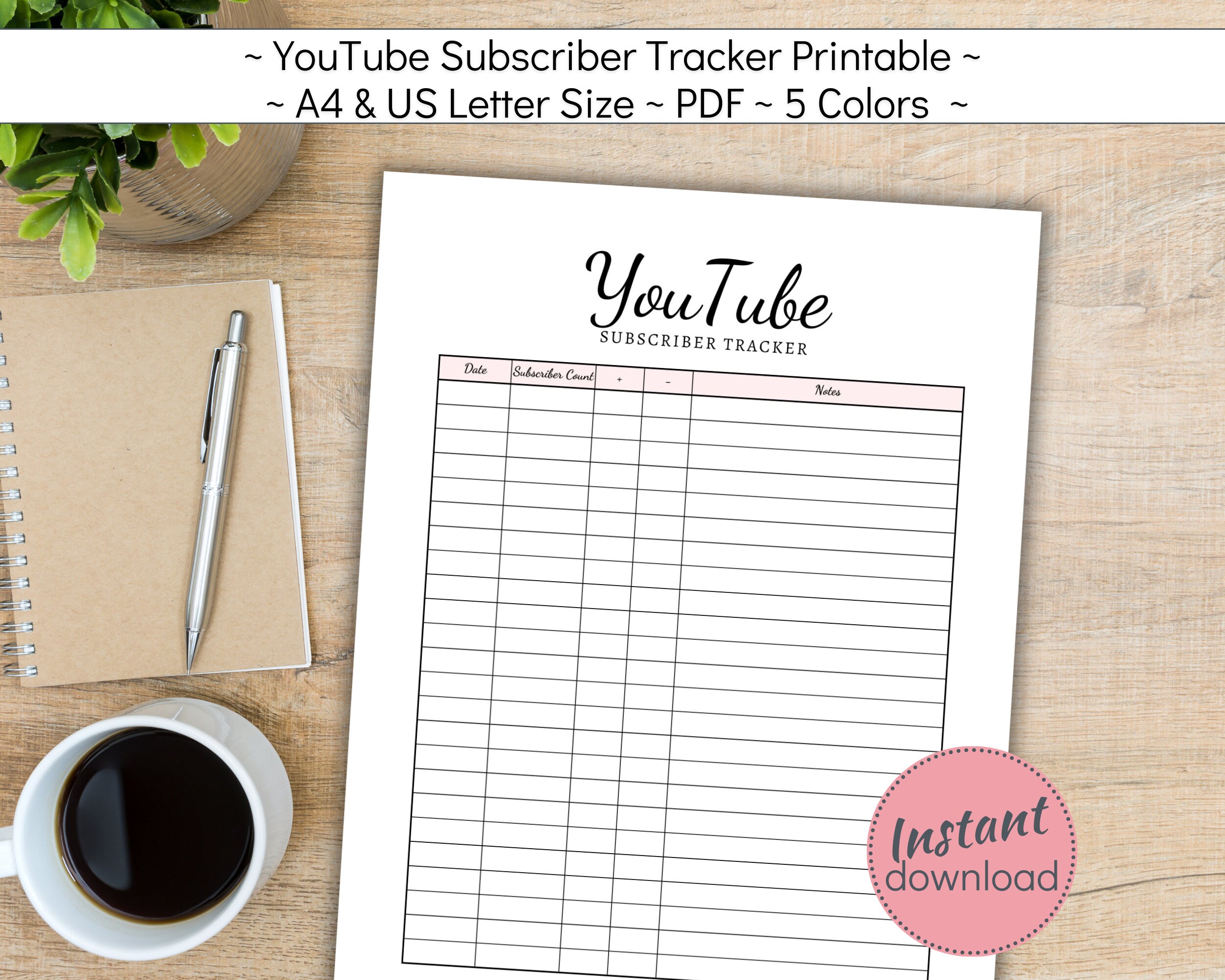 Youtube Subscriber Tracker Printable: Social Media Growth Log (A4, US ...