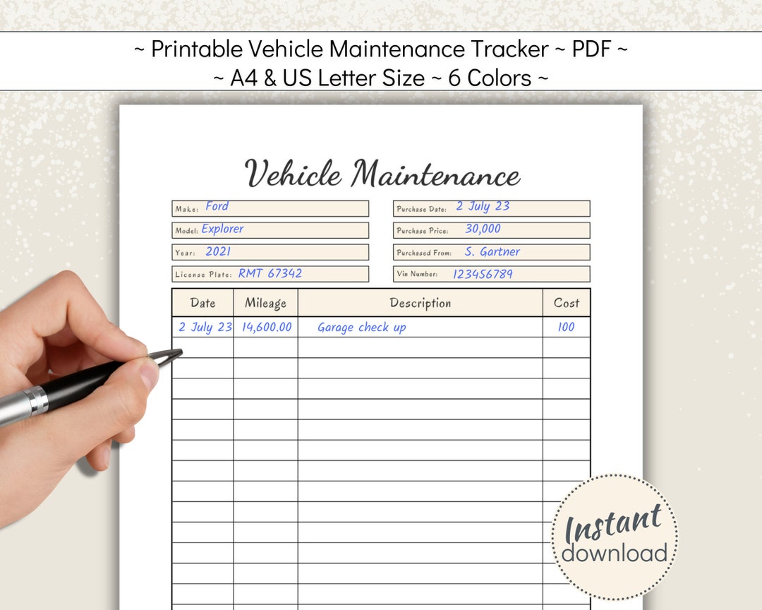 Printable Vehicle Service Tracker, Car Maintenance Log Book, Bike ...