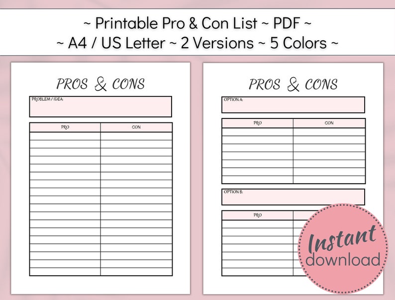 Pros and Cons List Printable, Decision Making Tool, Life Organizer ...