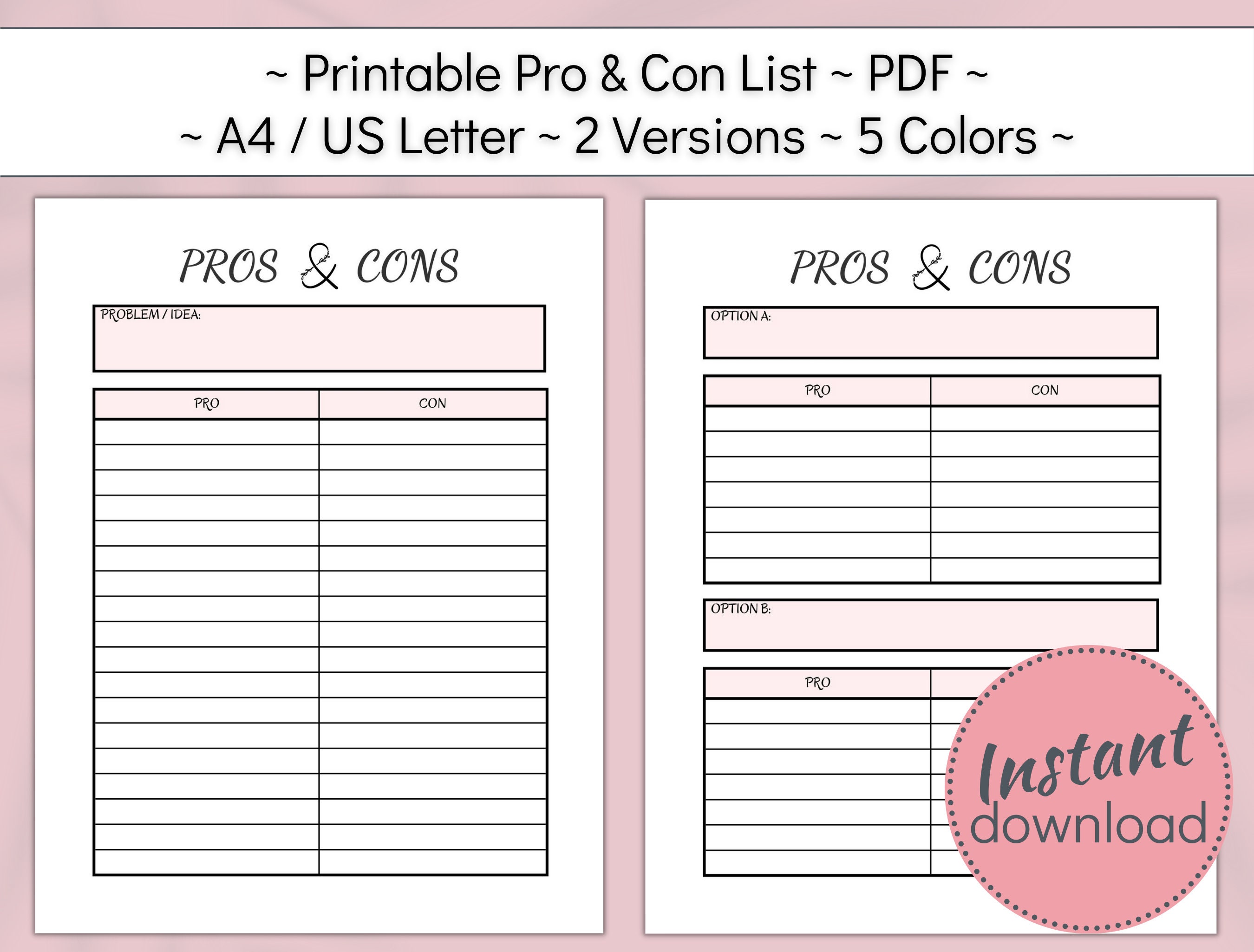 Pros and Cons List Printable, Decision Making Tool, Life Organizer ...