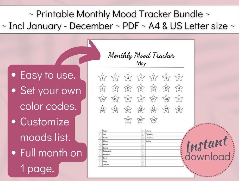 Mood Tracker Printable Bundle, Monthly Emotions Record, Wellness ...