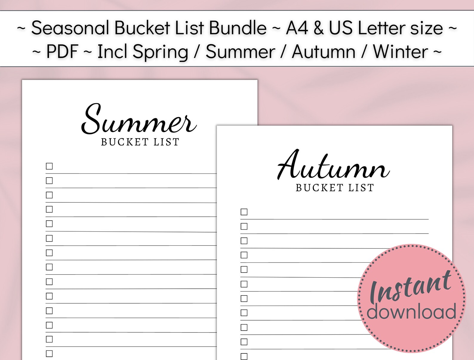 Seasonal Bucket List Printable Bundle, Summer Autumn Winter Spring ...