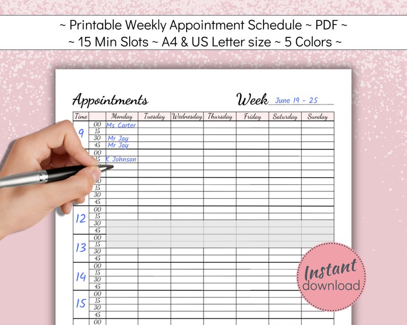Printable Appointment Book With 15 Minute Time Slots, Weekly Client ...
