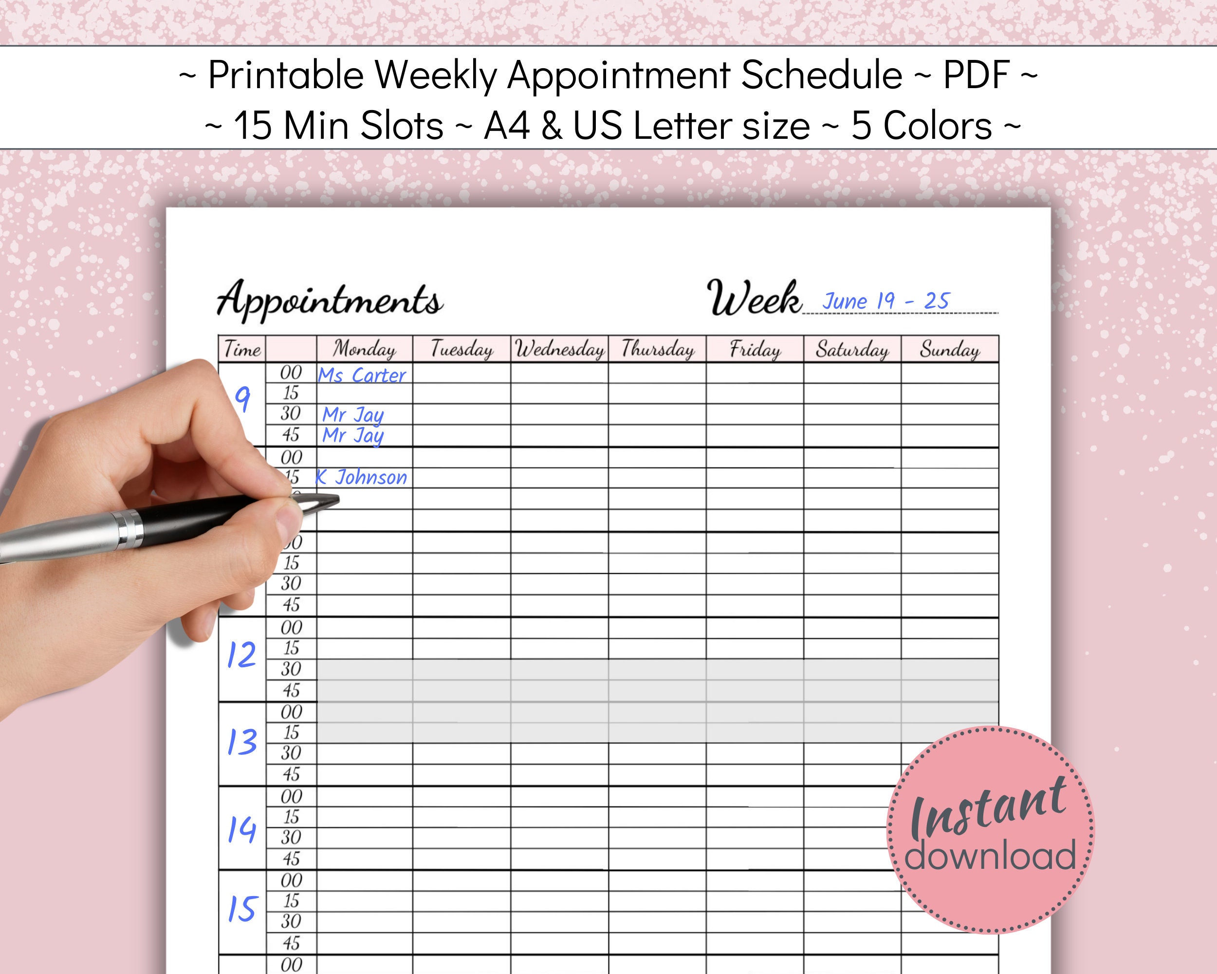 Printable Appointment Book With 15 Minute Time Slots, Weekly Client ...