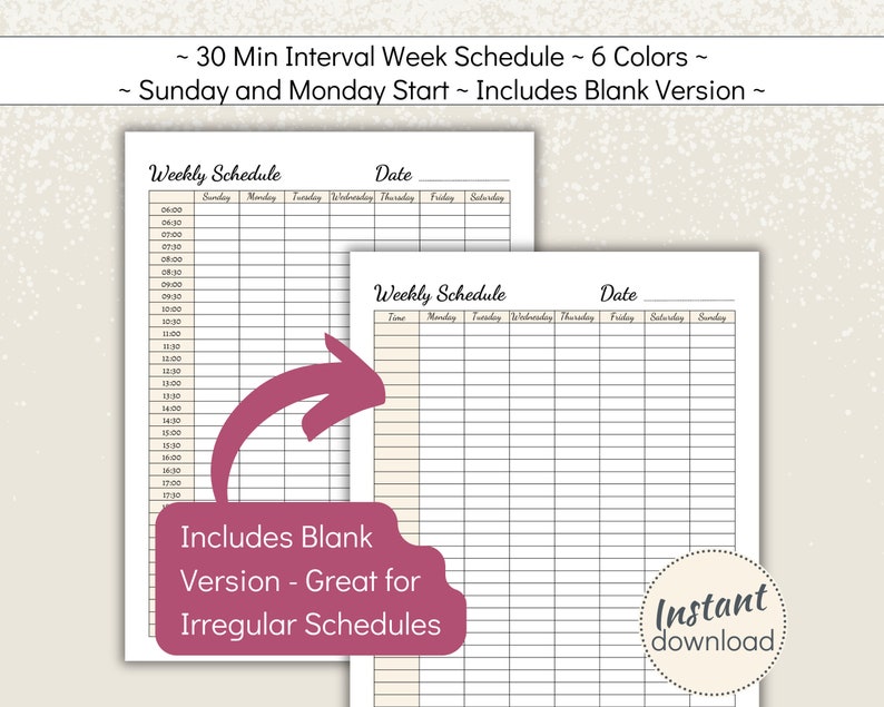 Printable Weekly to Do List With 30 Minute Intervals, Half Hour Week ...