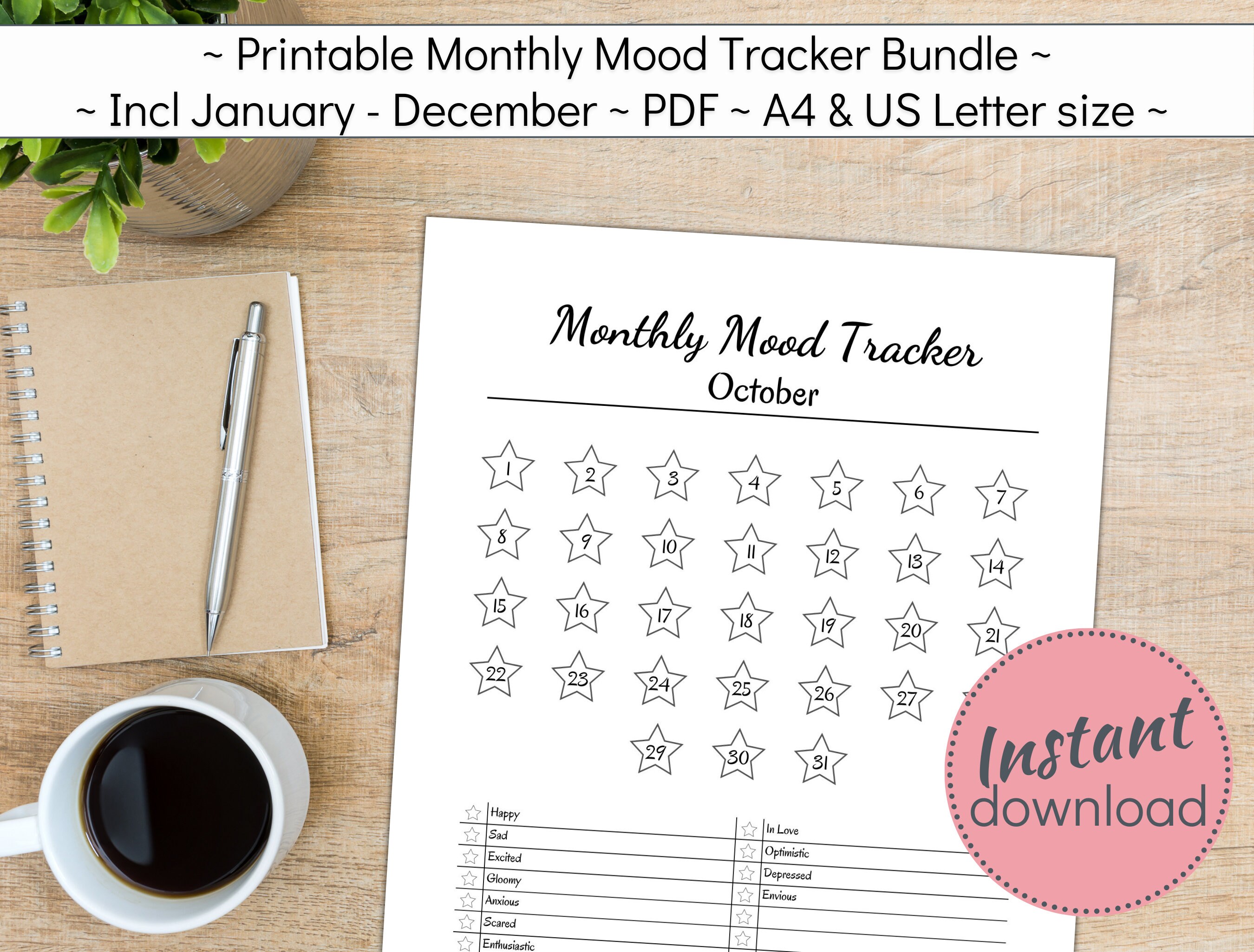 Mood Tracker Printable Bundle, Monthly Emotions Record, Wellness ...