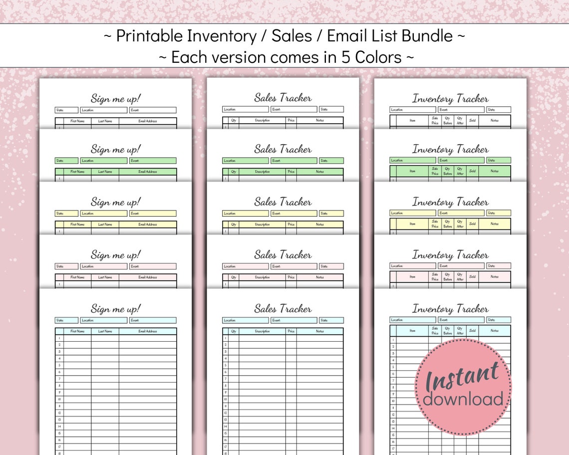 Sales Tracker, Inventory Sheet and Email List Printable Bundle, Small ...