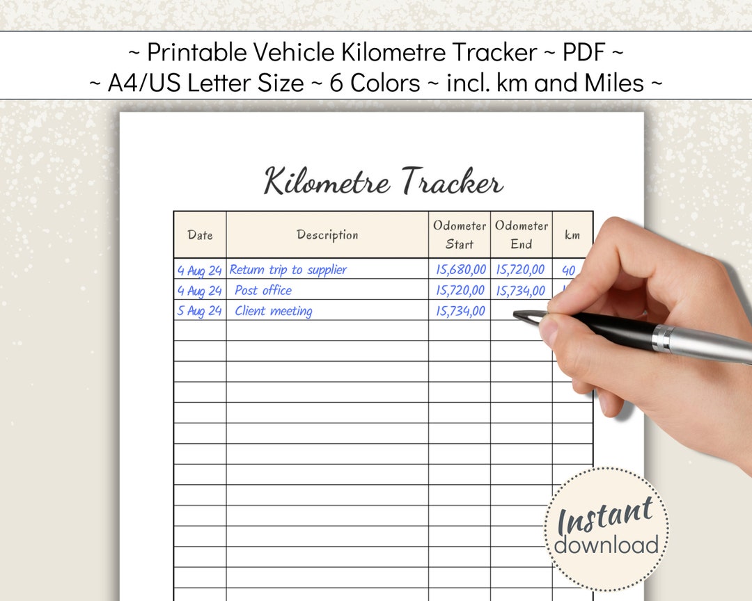 Vehicle Kilometre Log Book Printable, Km Travel Distance Logbook, Business Miles Tracker ...