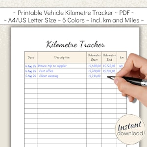 Vehicle Kilometre Log Book Printable, Km Travel Distance Logbook ...