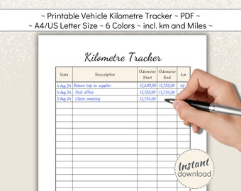 Printable Vehicle Kilometre Log Book, Travel Distance Logbook, Business ...