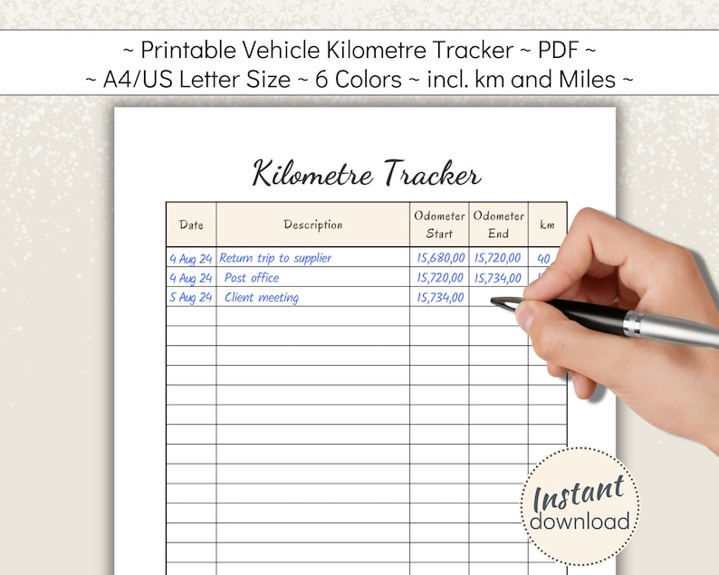 Vehicle Kilometre Log Book Printable, Km Travel Distance Logbook ...