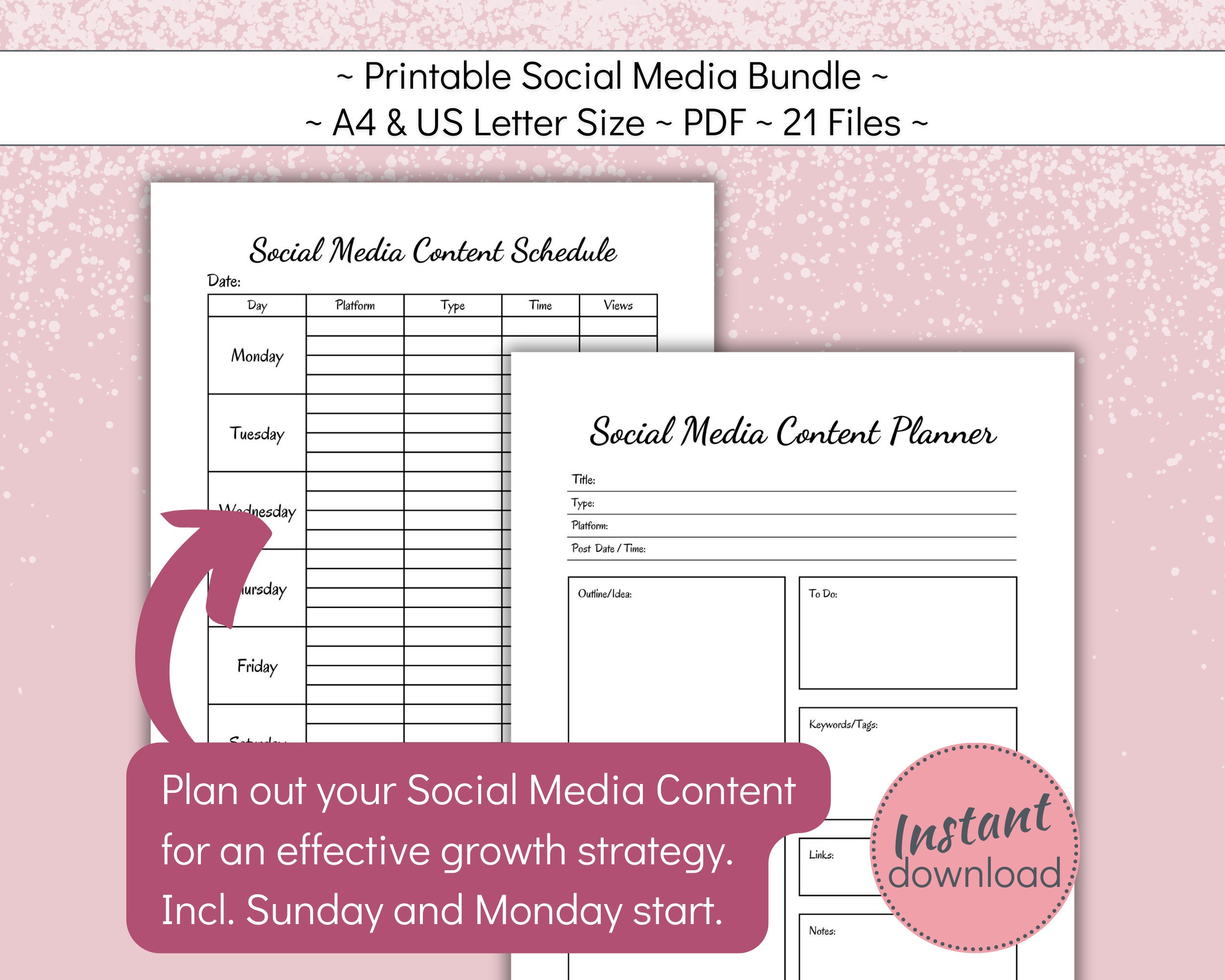 Printable Social Media Growth Bundle, Youtube, Tiktok, Instagram Growth Tracker, Post Creation ...