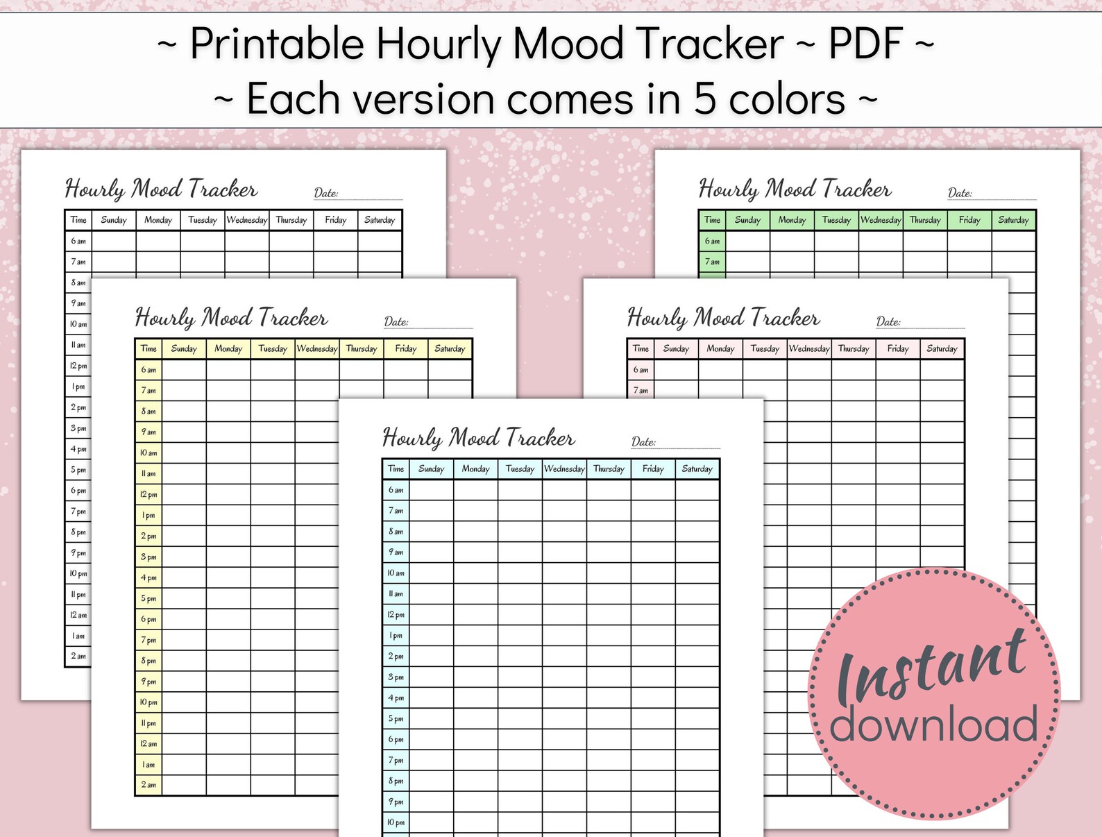 Simple Hourly Mood Tracker Printable, Weekly Emotions Record, Wellness ...