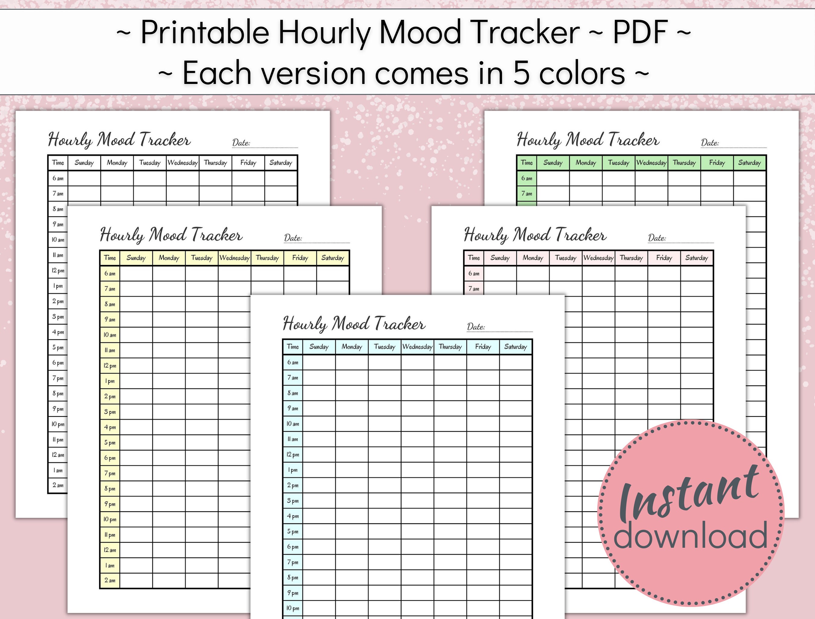 Simple Hourly Mood Tracker Printable, Weekly Emotions Record, Wellness ...