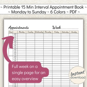 Printable Client Appointment Sheet With 15 Minute Time Slots, Weekly ...