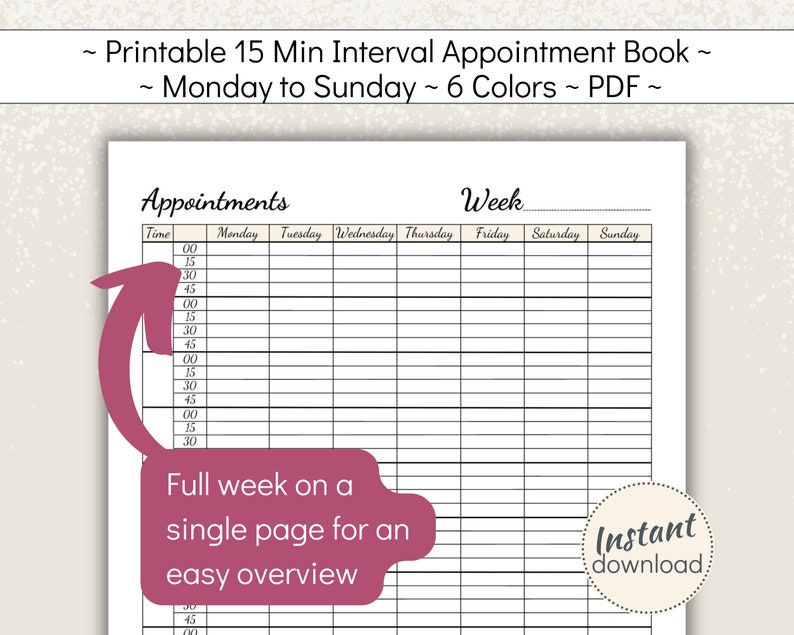 Printable Client Appointment Sheet With 15 Minute Time Slots, Weekly ...