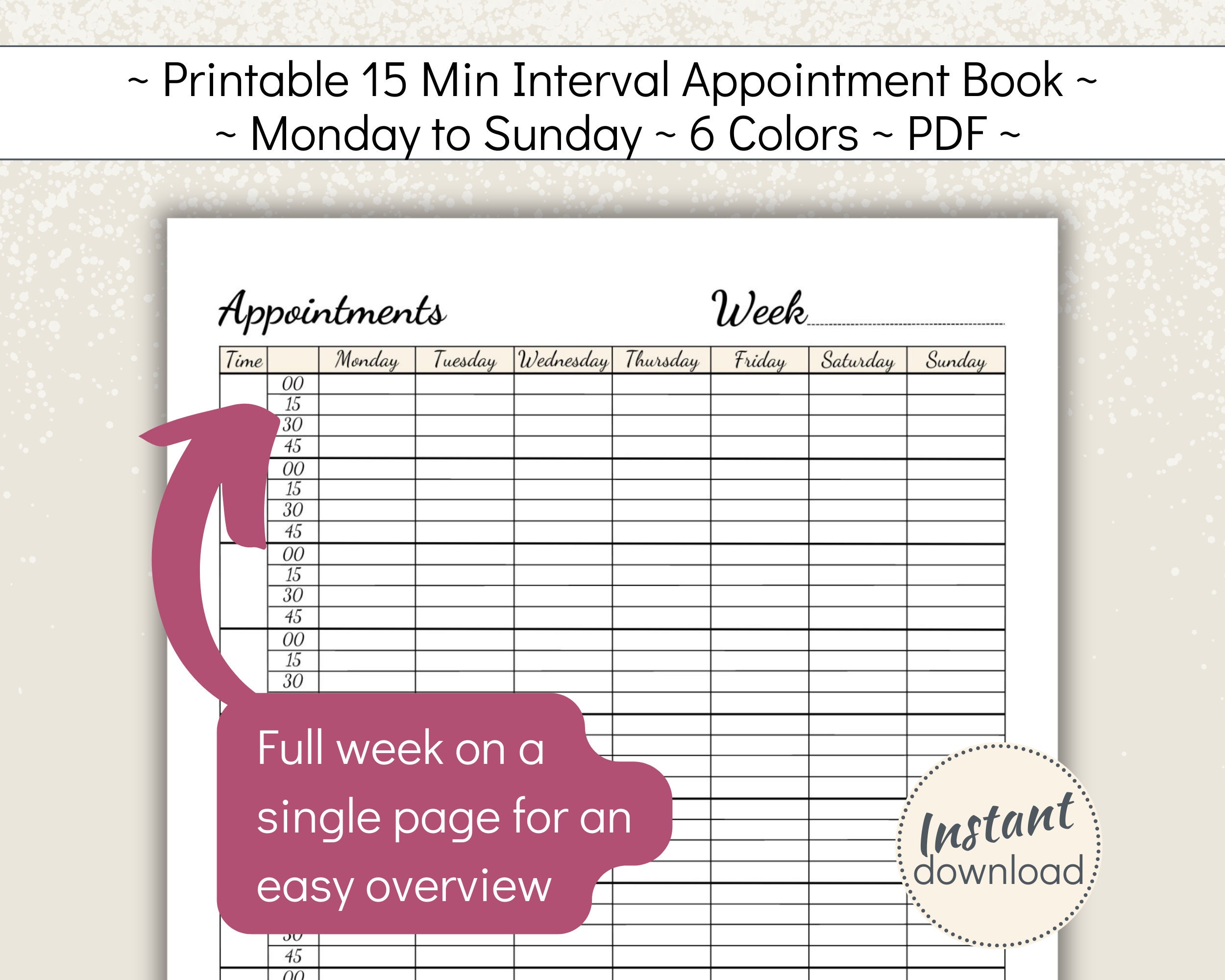 Printable Client Appointment Sheet With 15 Minute Time Slots, Weekly ...