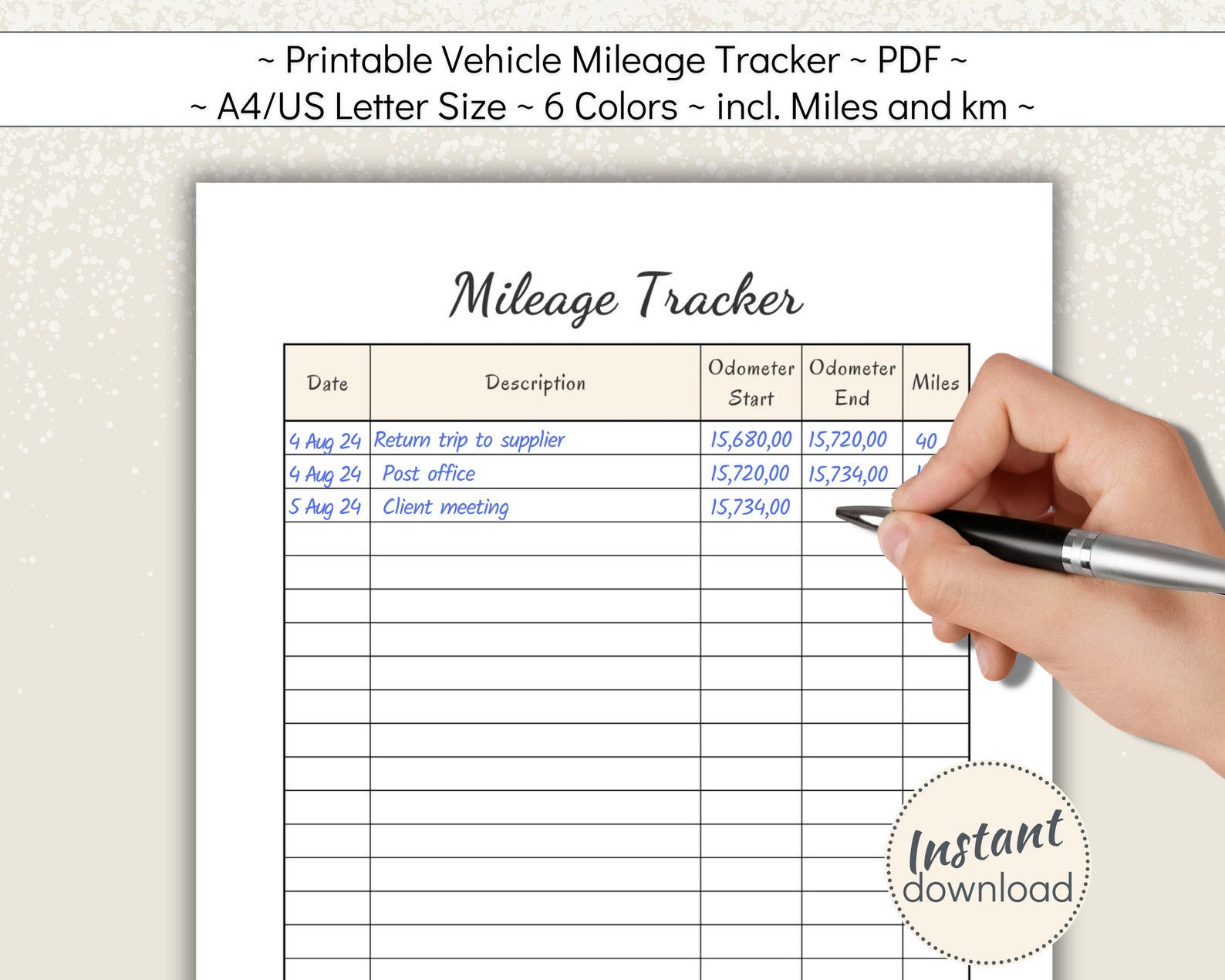 Mileage Tracker Printable, Travel Distance Logbook, Business Miles Log ...