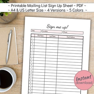 Mailing List Sign up Sheet Printable, Customer Contact Details Log ...