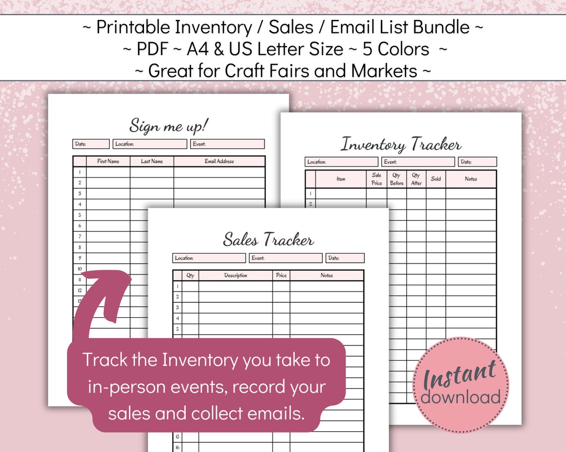 Sales Tracker, Inventory Sheet and Email List Printable Bundle, Small ...