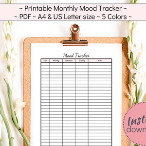 Simple Monthly Mood Tracker Printable, Daily Emotions Record, Wellness ...