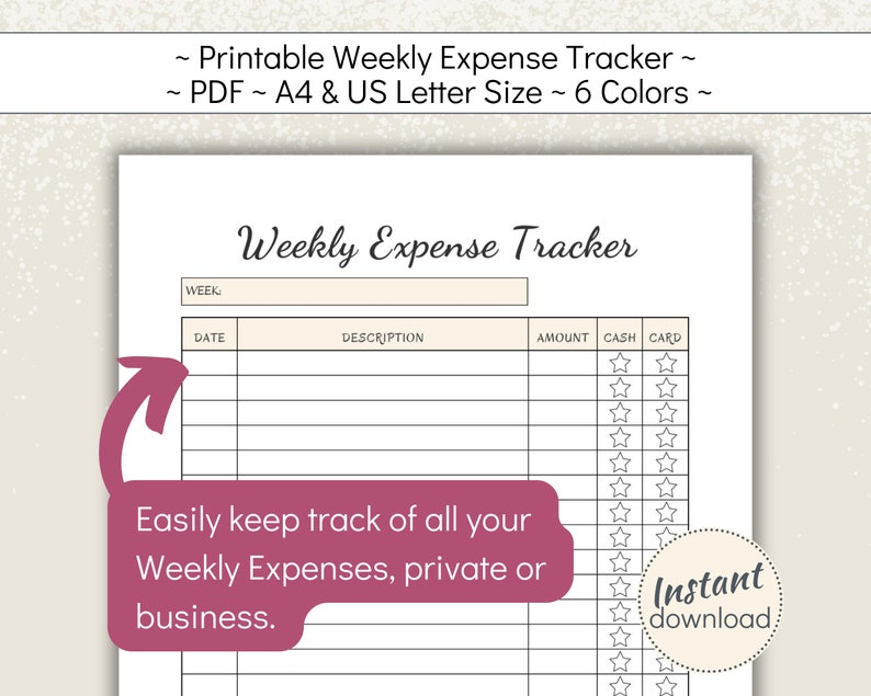 Weekly Expense Log Printable, Spending Habit Tracker, Business or ...