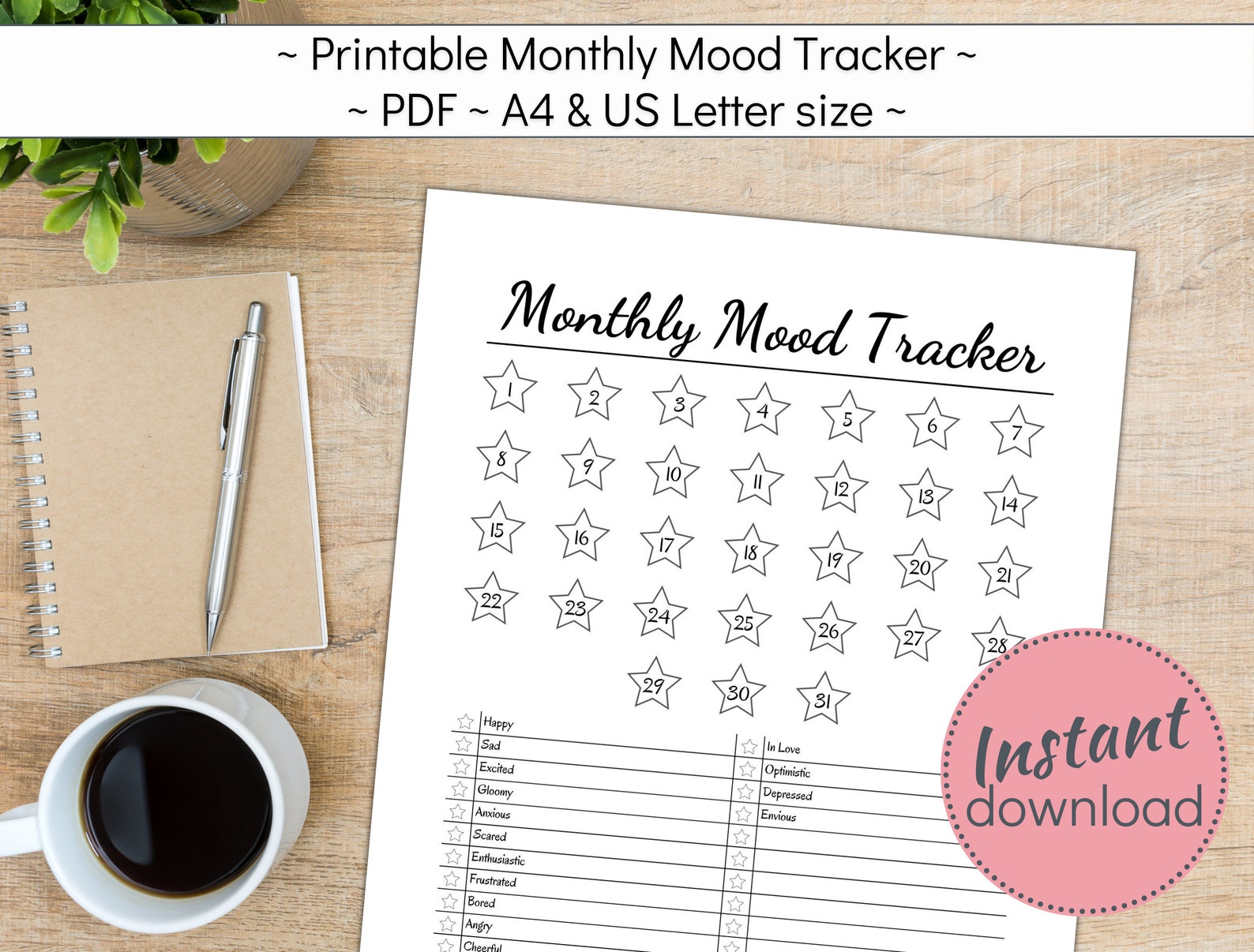 Monthly Mood Tracker Printable, Emotions Record, Wellness Journal, Self ...