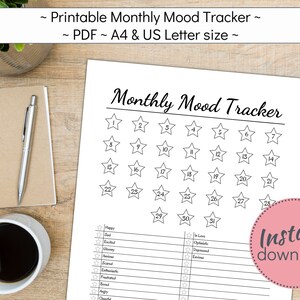 Monthly Mood Tracker Printable, Emotions Record, Wellness Journal, Self ...
