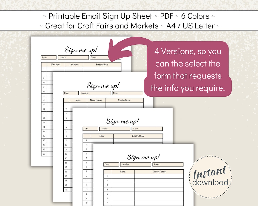 Printable Email Sign up Sheet, Email Collection Form for Markets ...