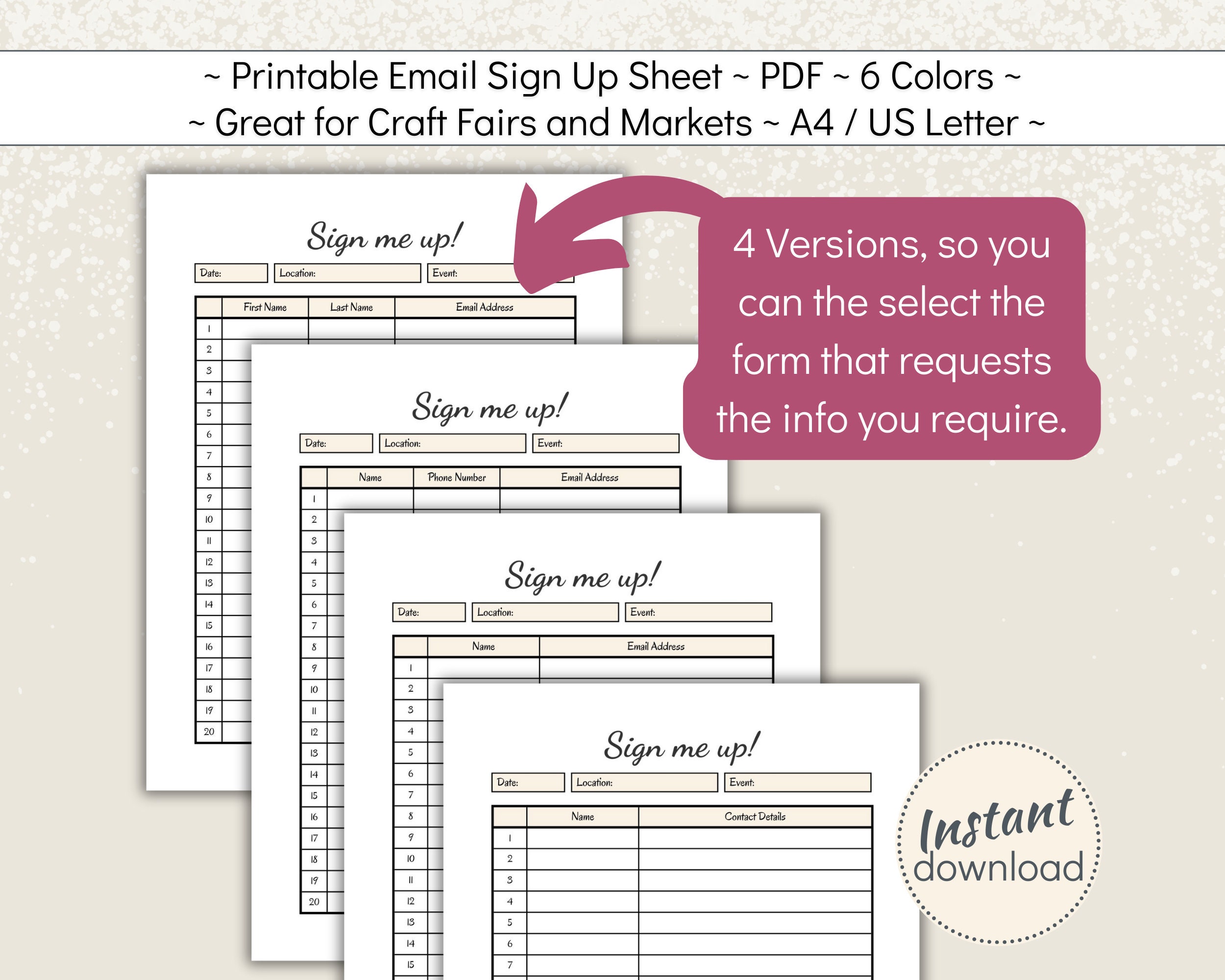 Printable Email Sign up Sheet, Email Collection Form for Markets ...