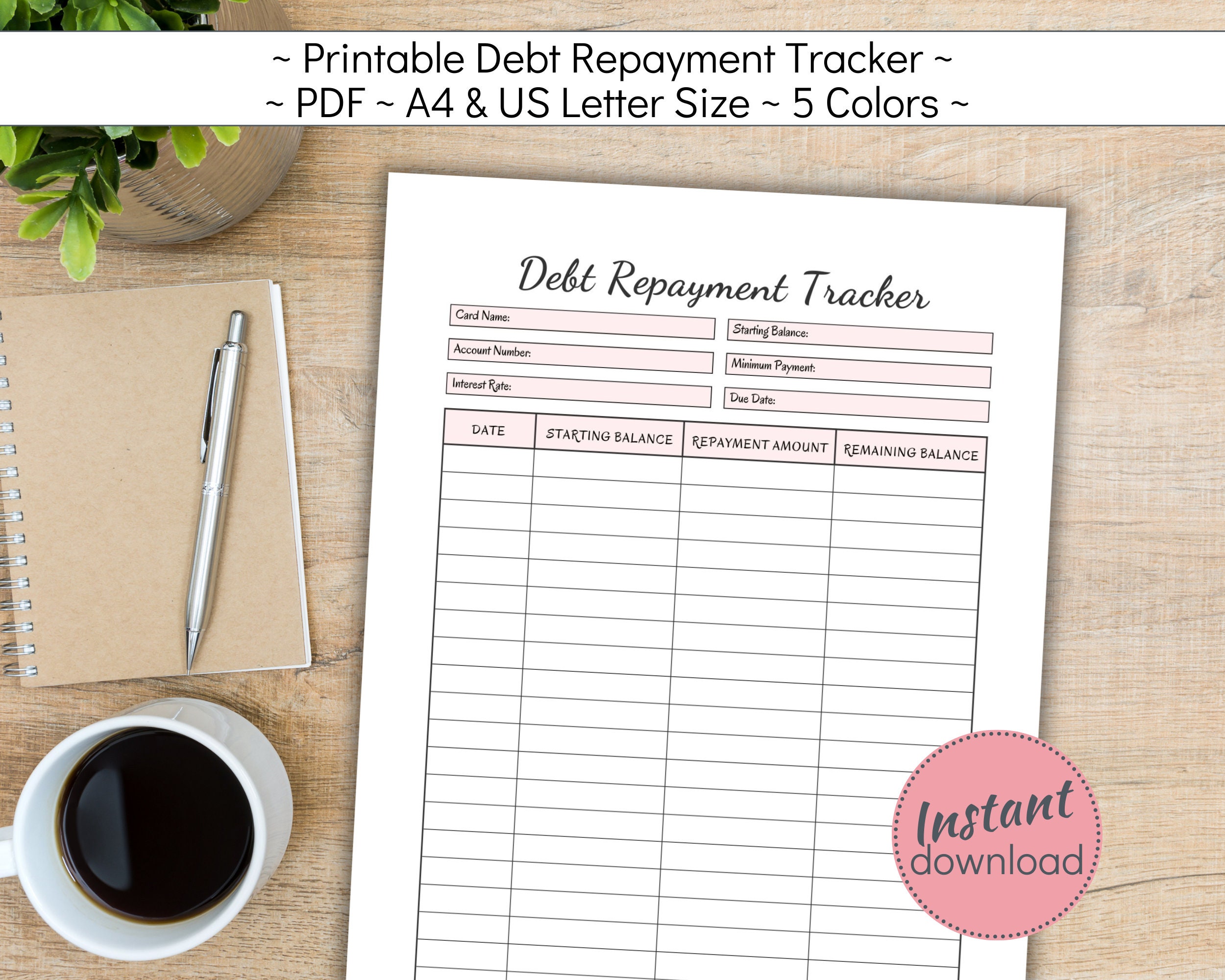 Printable Money Repayment Planner, Debt Payment Tracker in 5 Colors ...