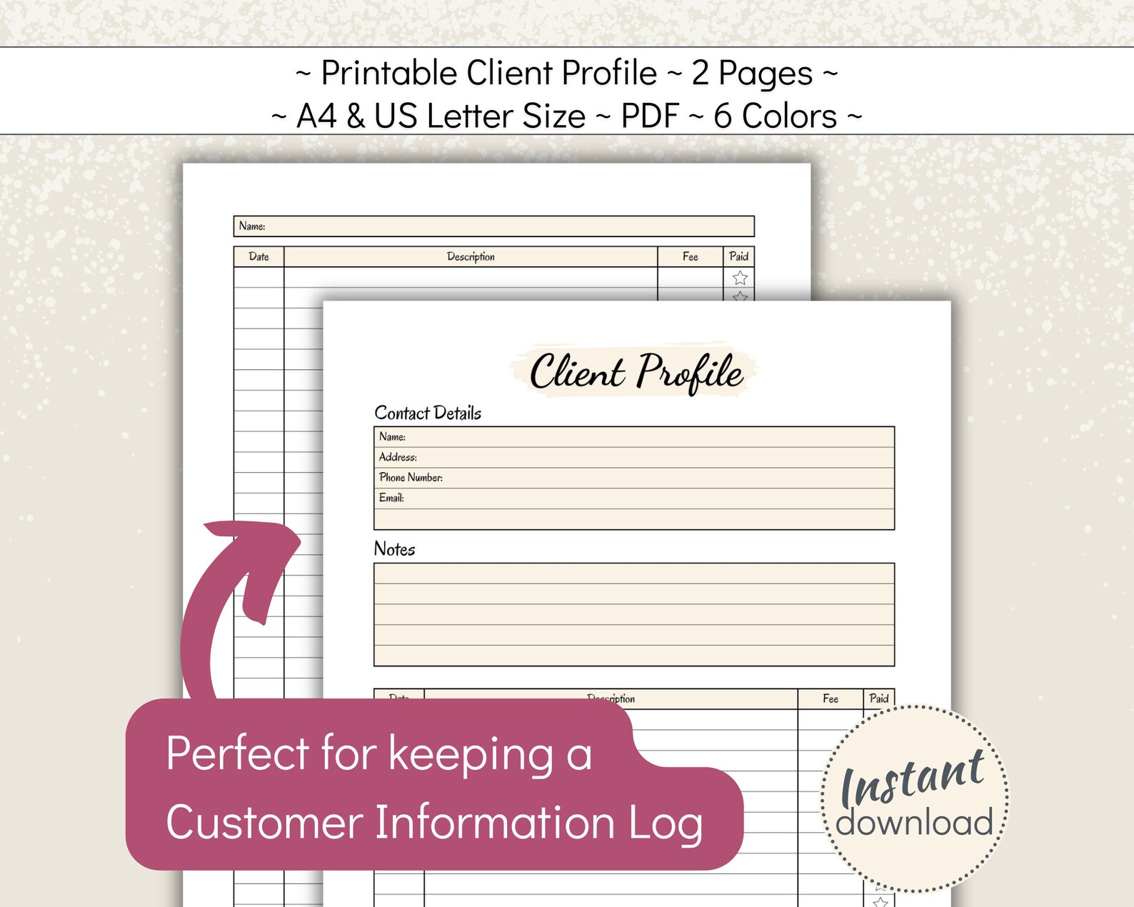 Printable Client Profile, Customer Information Sheet for Hair and Beauty Salon, Client Record ...