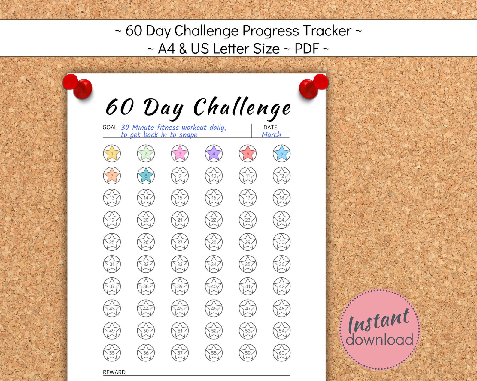 60 Day Challenge Tracker Printable: Goal Setting, Habit Forming (A4, US ...