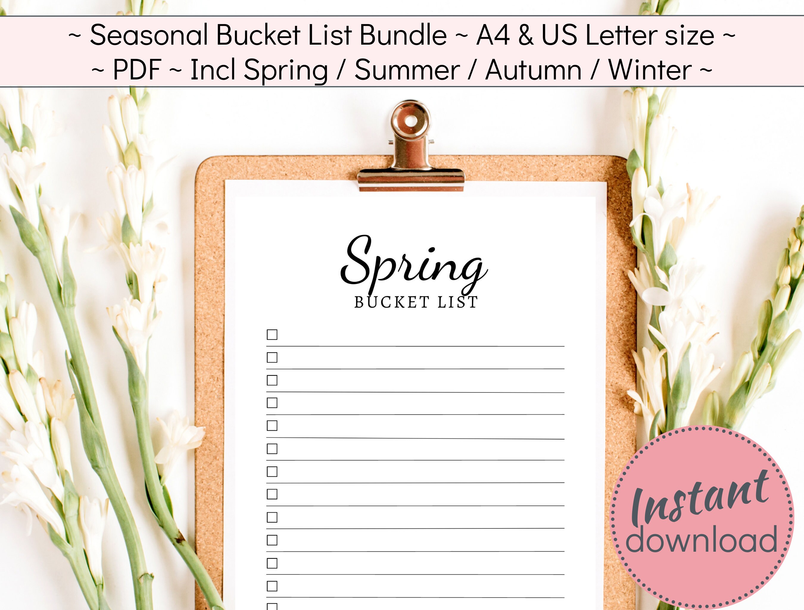 Seasonal Bucket List Printable Bundle, Summer Autumn Winter Spring ...