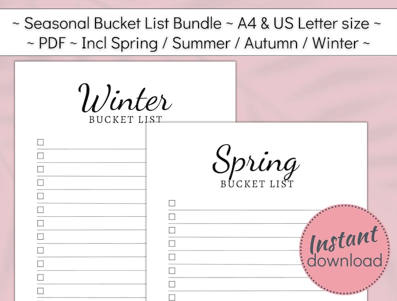 Seasonal Bucket List Printable Bundle, Summer Autumn Winter Spring ...