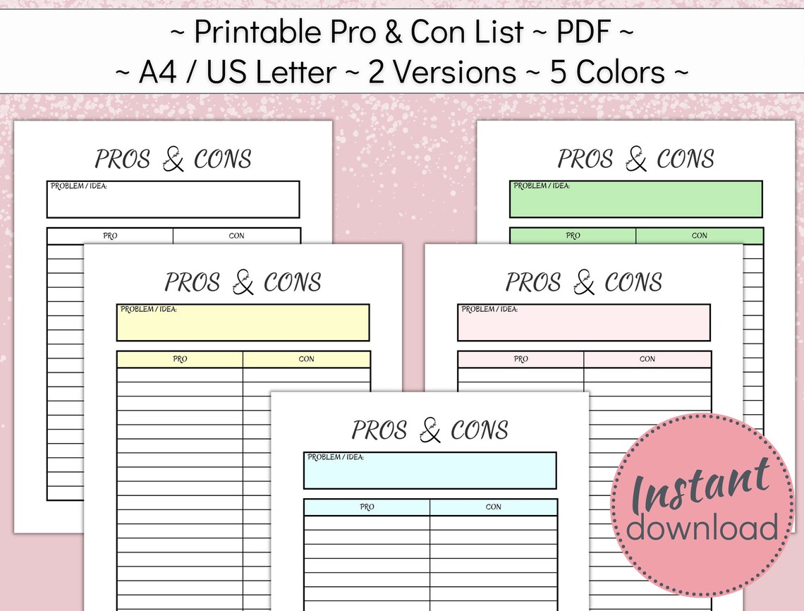 Pros and Cons List Printable, Decision Making Tool, Life Organizer ...