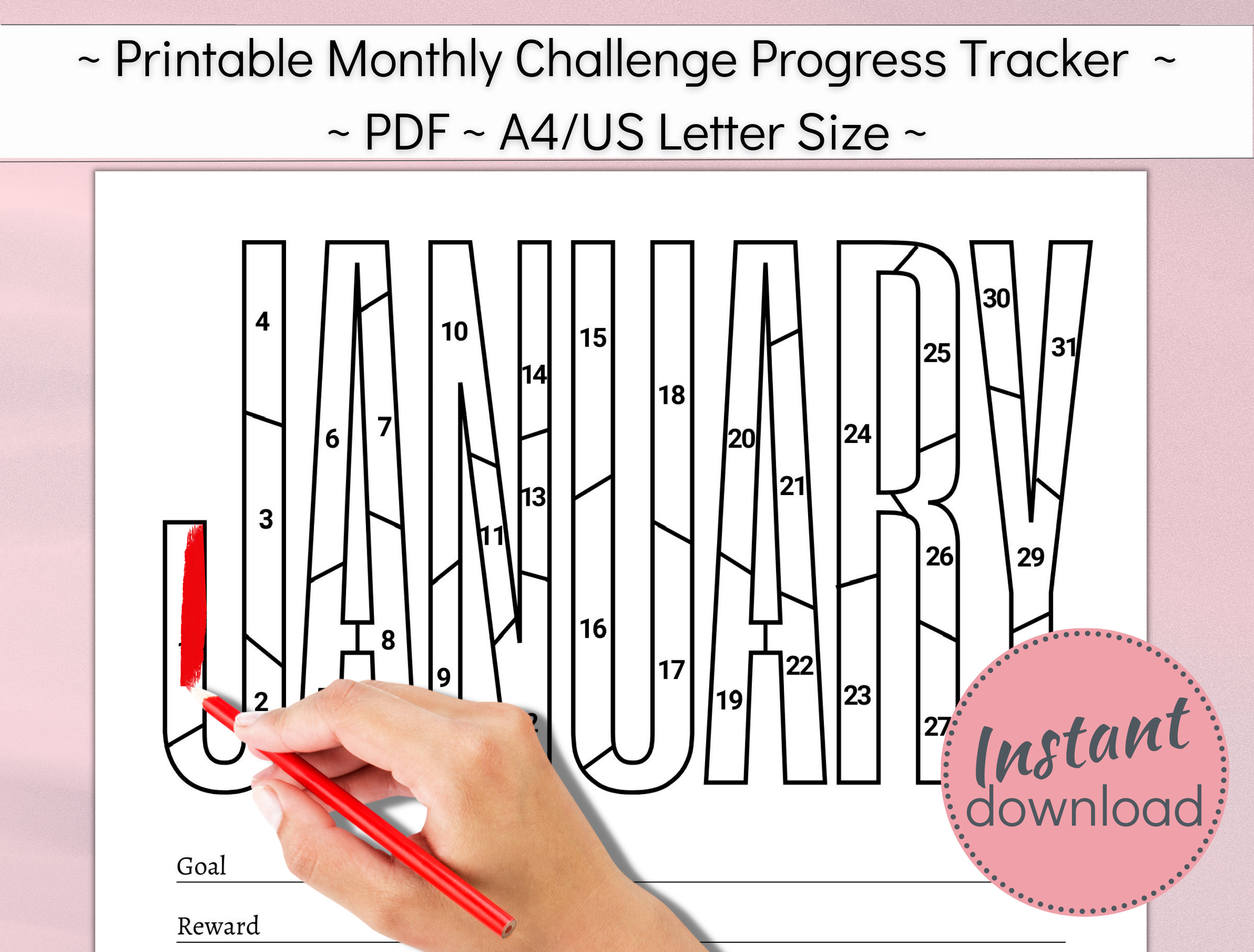 Printable Monthly Challenge Tracker for January, New Year 30 Day Goal ...