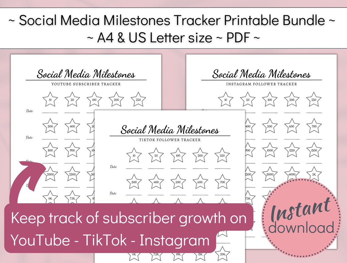 Social Media Milestones Tracker Printable Youtube Tiktok - Etsy