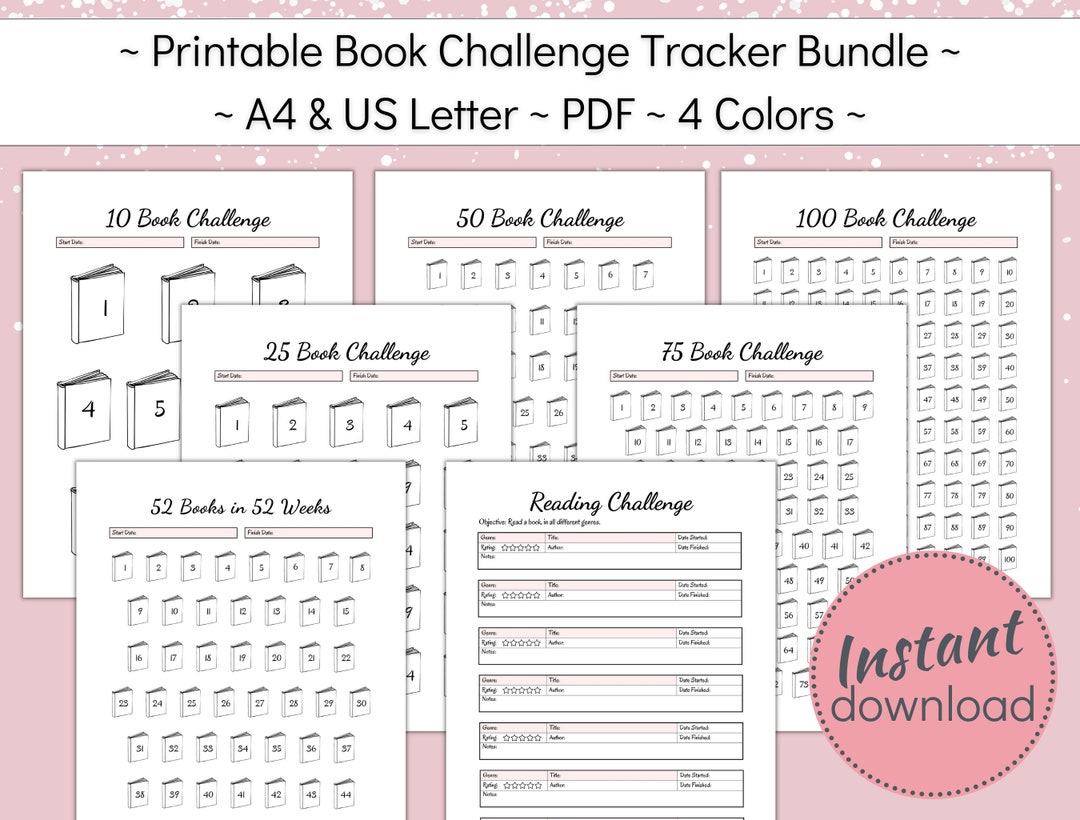 Book Challenge Tracker Printable Bundle, Booklover Reading Log, 10 - 25 ...