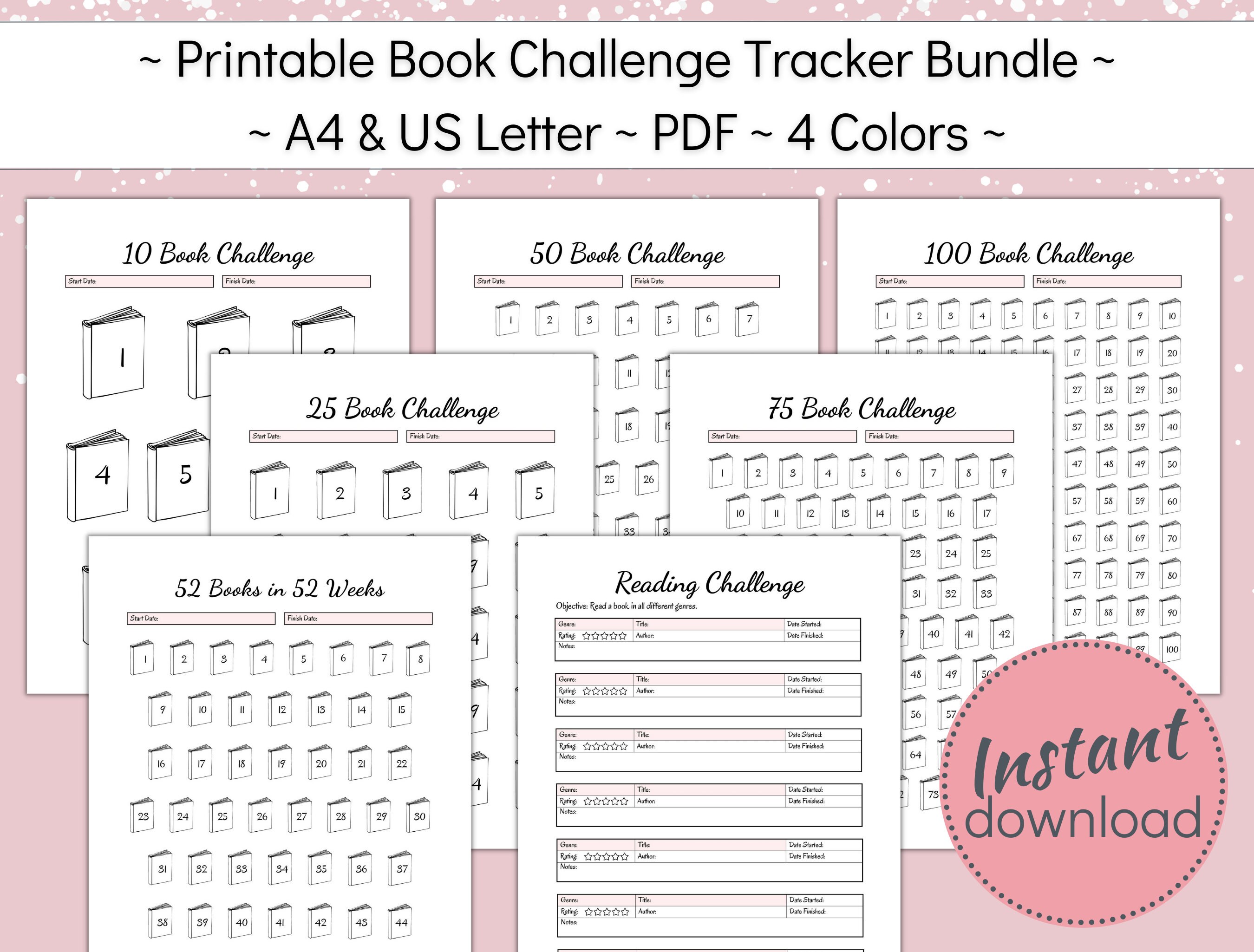 Book Challenge Tracker Printable Bundle, Booklover Reading Log, 10 25 ...