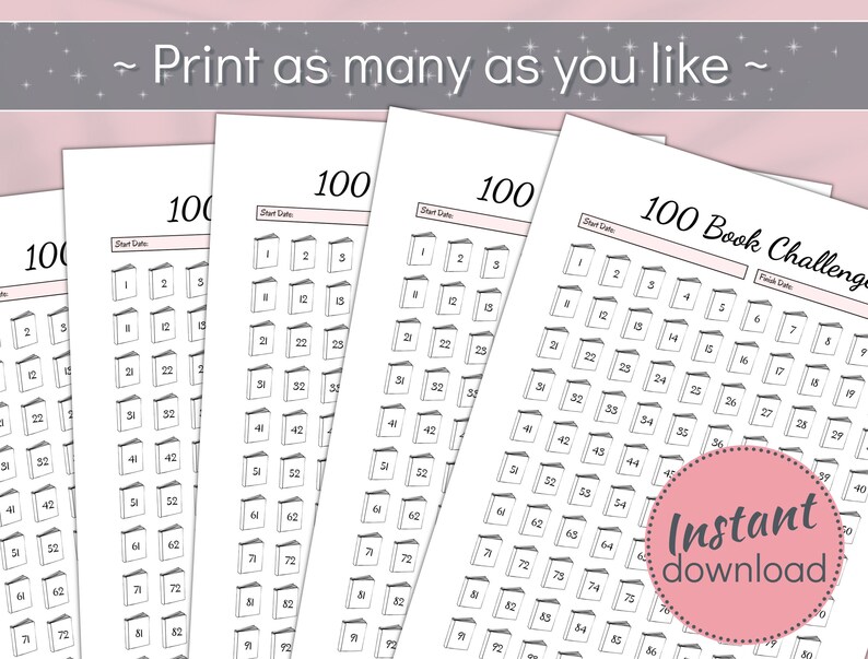 100 Book Challenge Tracker Printable, Booklover Reading Goals, Book ...