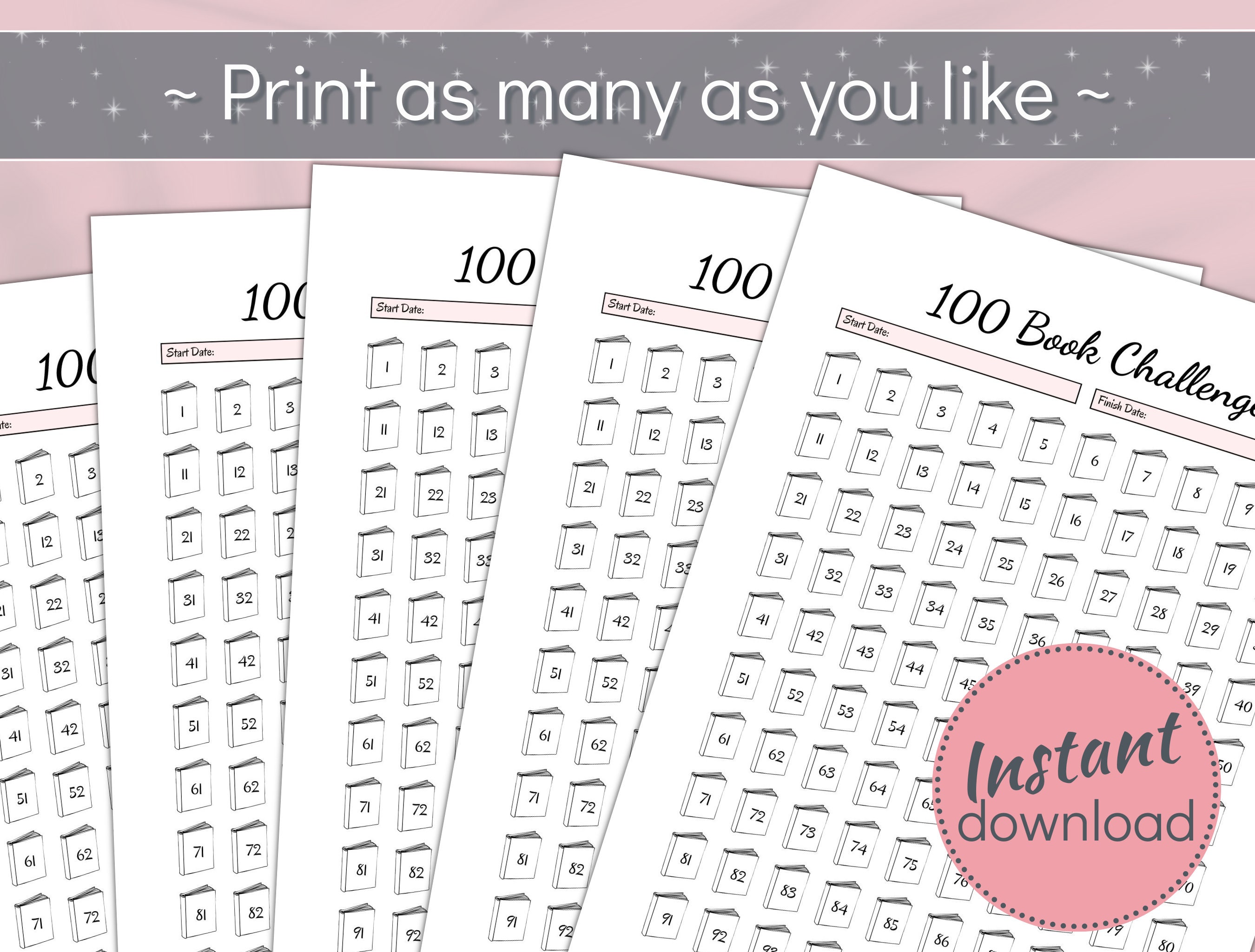 100 Book Challenge Tracker Printable, Booklover Reading Goals, Book ...