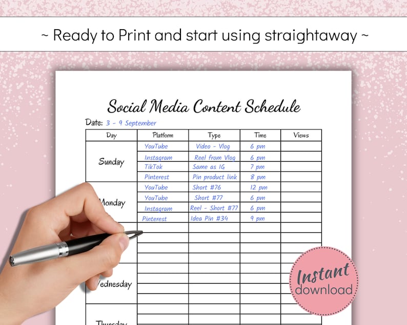 Social Media Content Planner Printable, Youtube, Tiktok, Instagram Post ...