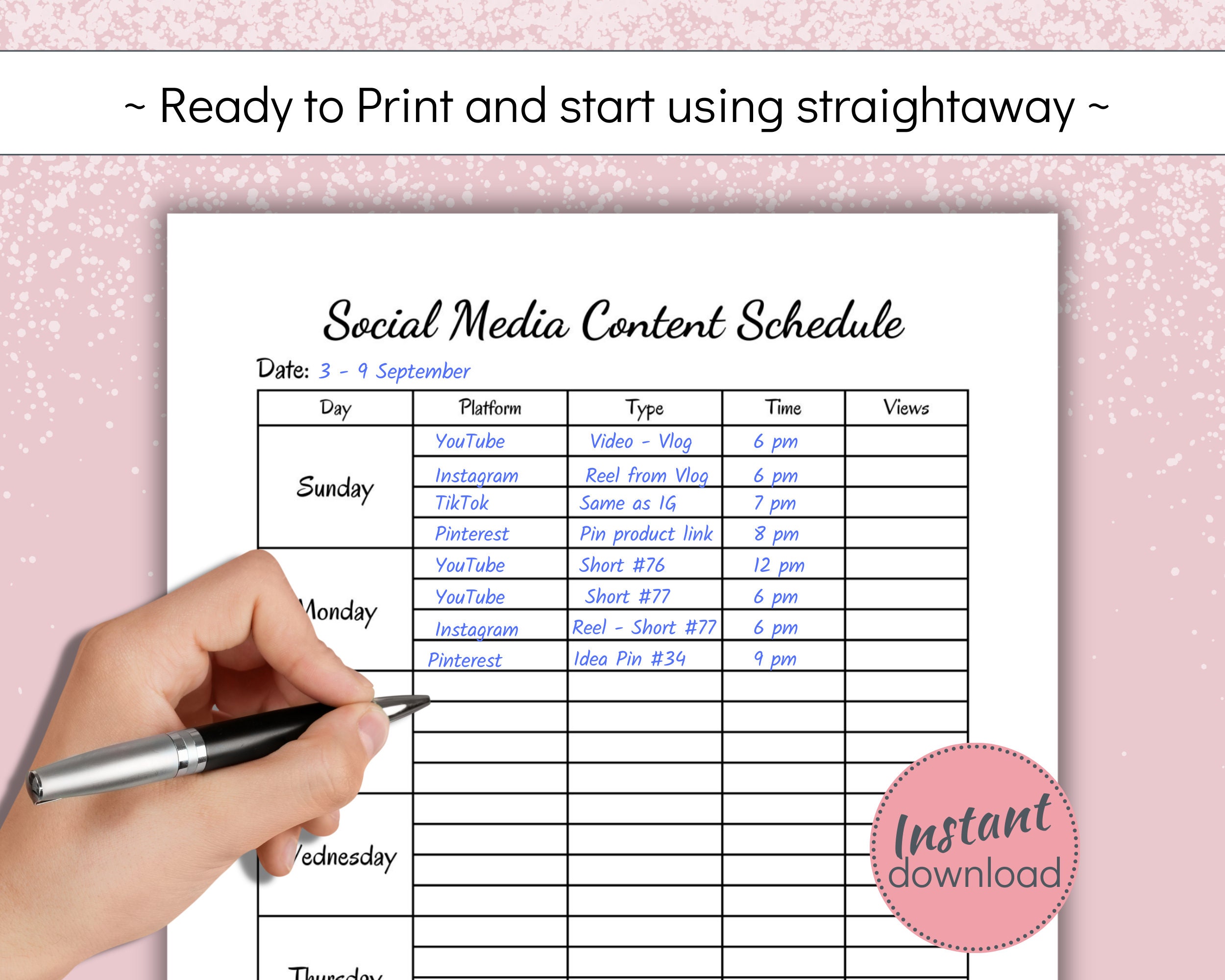 Social Media Content Planner Printable, Youtube, Tiktok, Instagram Post ...