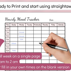 Simple Hourly Mood Tracker Printable, Weekly Emotions Record, Wellness ...