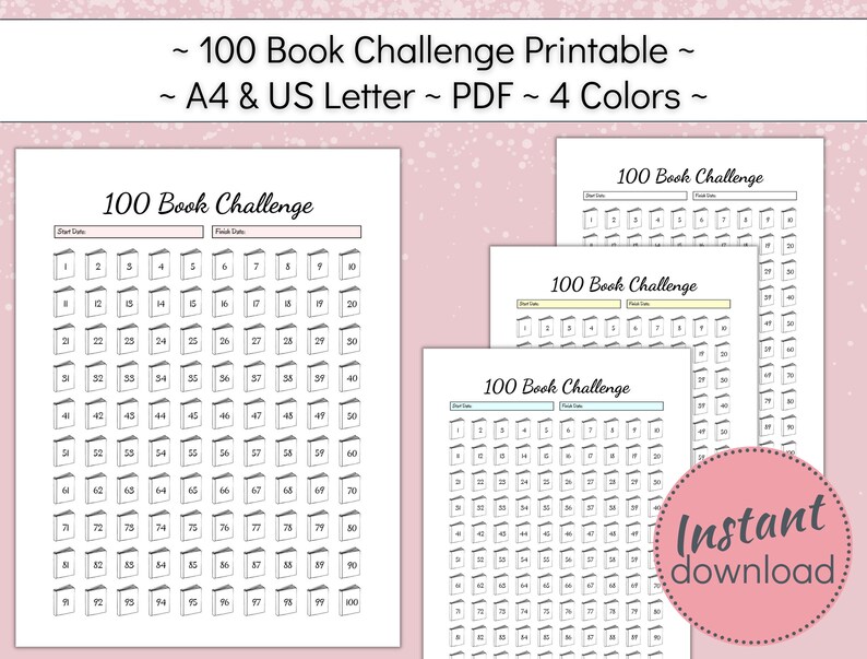 100 Book Challenge Tracker Printable, Booklover Reading Goals, Book ...