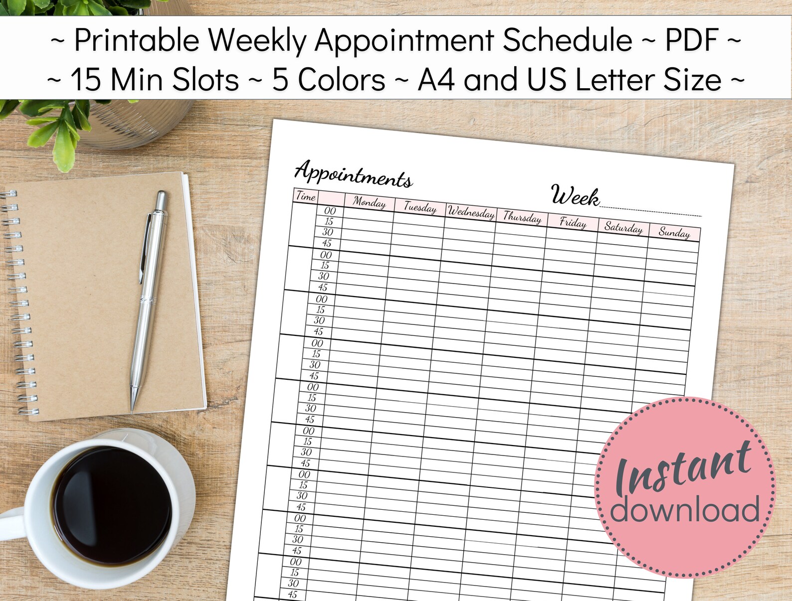 Printable Appointment Book With 15 Minute Time Slots Weekly - Etsy