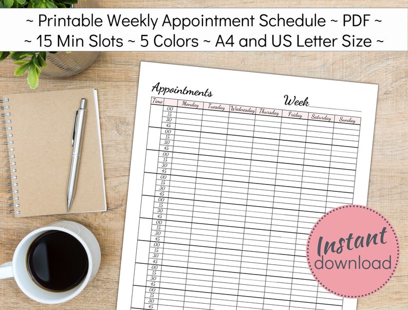 Printable Appointment Book With 15 Minute Time Slots Weekly - Etsy